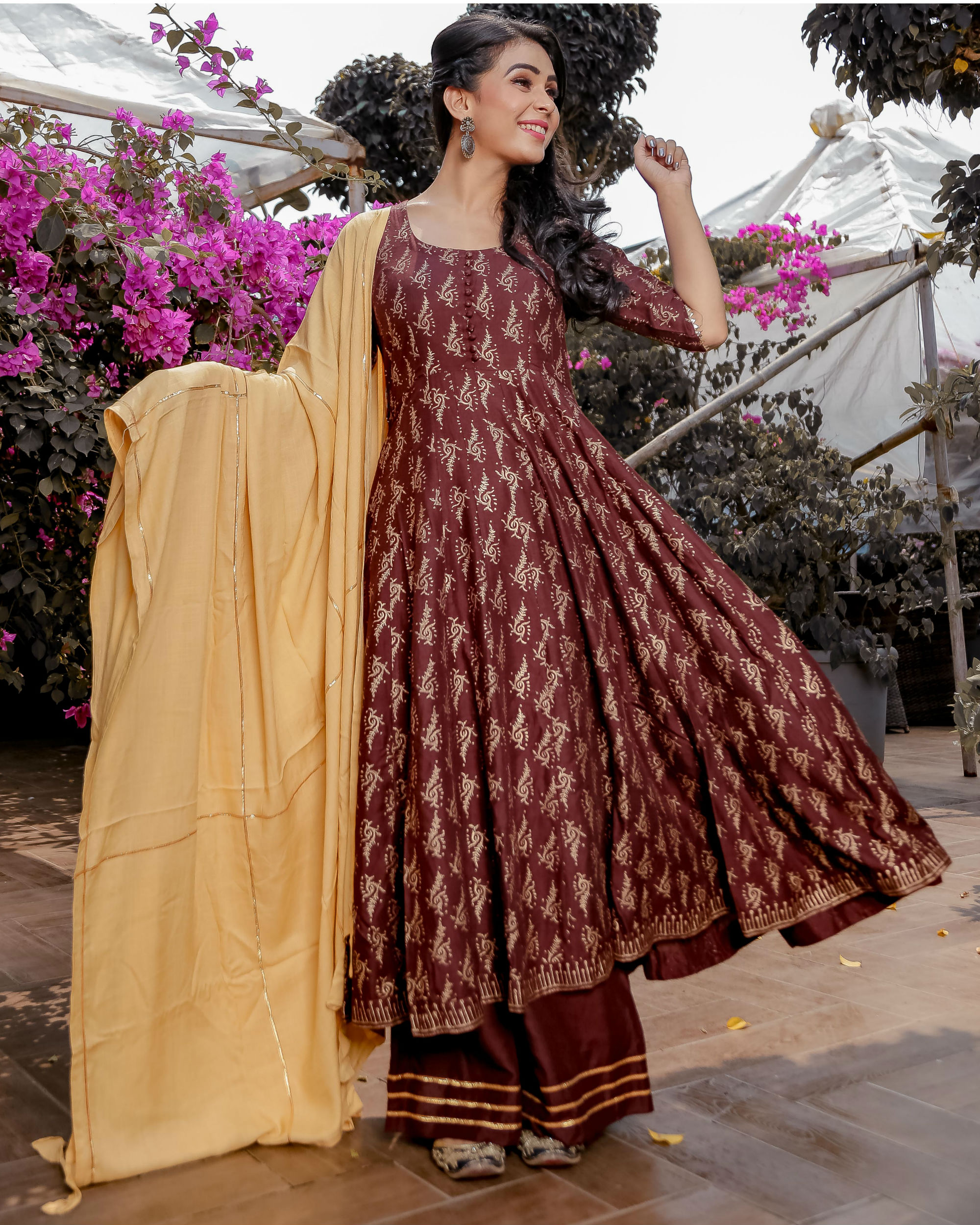 Brown cream anarkali set by Aachho | The Secret Label