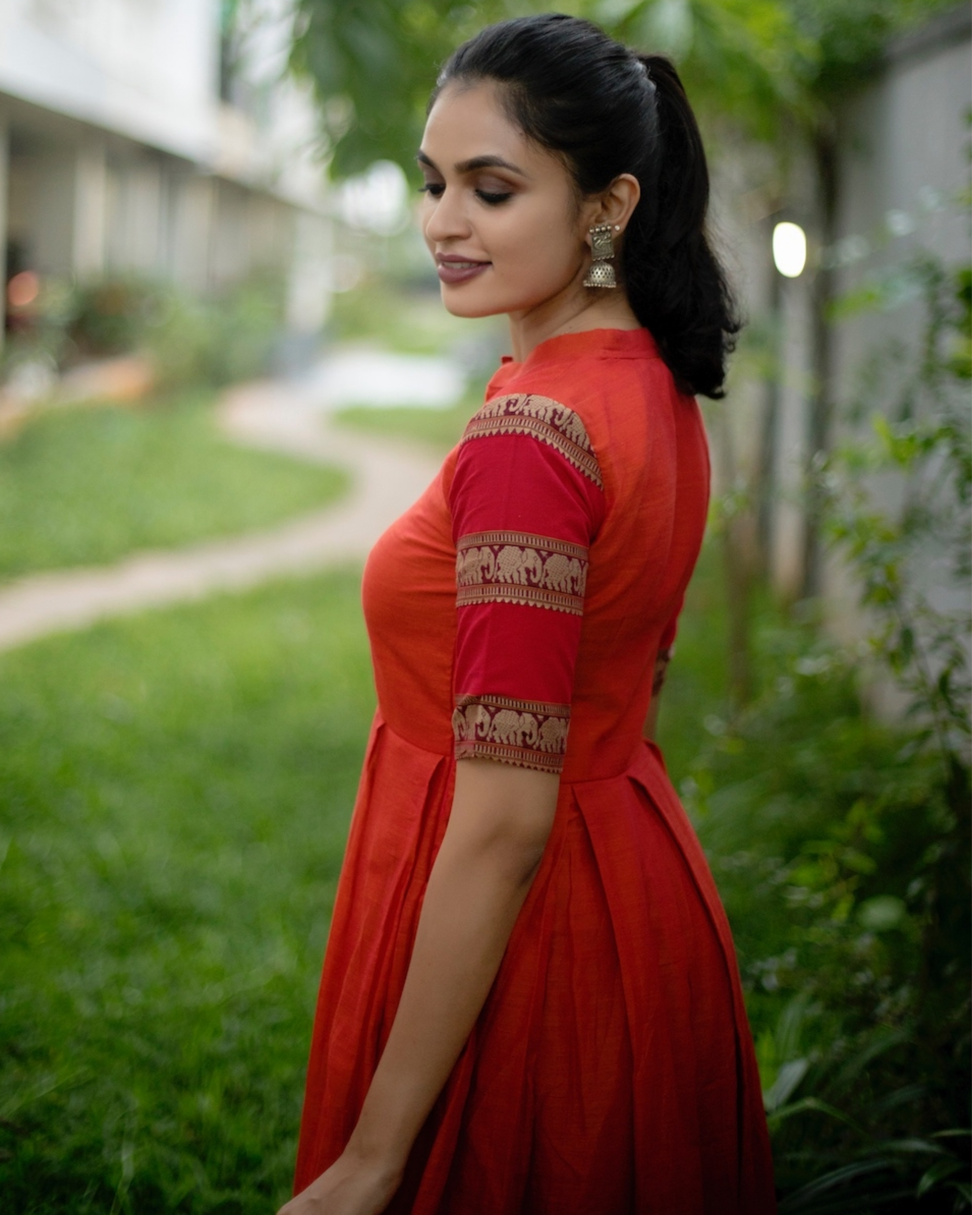 Orange box pleated narayanpet handloom dress by The Anarkali Shop | The ...
