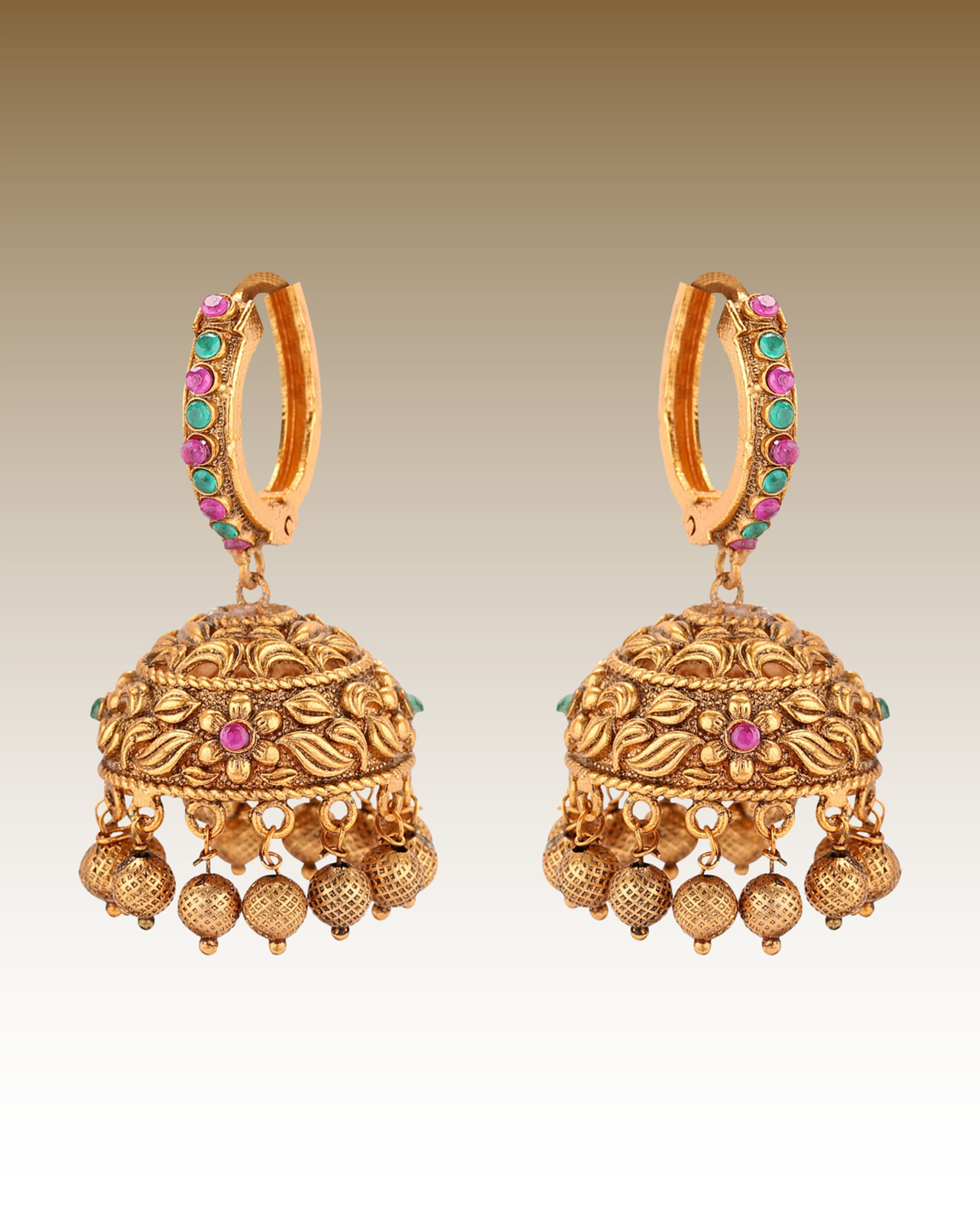 Golden floral beaded ruby jhumka by Joules By Radhika | The Secret Label
